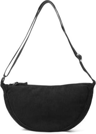 Generico Sac &agrave; bandouli&egrave;re en velours c&ocirc;tel&eacute; r&eacute;glable en demi-lune pour homme Sac &agrave; bandouli&egrave;re zipp&eacute; pour femme, Noir