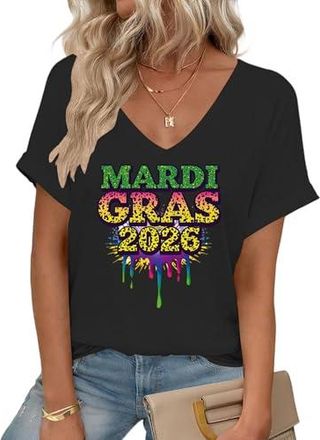 Generic T-shirt Mardi Gras pour femme, col en V - T-shirt d&eacute;contract&eacute; &agrave; manches courtes pour carnaval, v&ecirc;tements d&eacute;t&eacute; - pour les loisirs et les voyages, Noir,