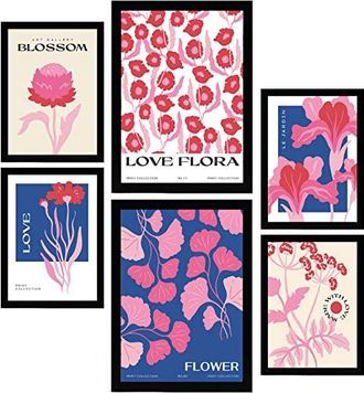 Nacnic Lot de 6 affiches de fleurs. Amour floral. Impressions nature et botanique pour lam&eacute;nagement et la d&eacute;coration dint&eacute;rieur. A3 et A4, cadres noirs