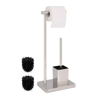 Relaxdays WC Garnitur, HBT: 66,5x23x18 cm, stehender Klopapierhalter, WC-B&uuml;rste mit B&uuml;rstenhalter, Edelstahl, Silber
