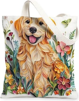 Generic Paper Quilling Sac fourre-tout en toile r&eacute;utilisable pour le shopping Motif chien Golden Retriever 33 x 38,1 cm