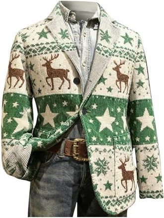 Generic DENGJIAMY - Blazer de Noël moche pour homme avec imprimé de Noël - Veste de fête en velours côtelé - Manteau à un bouton - Coupe ajustée - Blazer daff