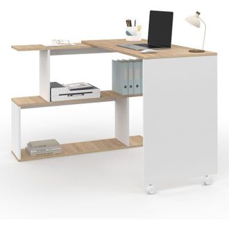 IDMarket Idmarket - Bureau dangle rotatif 180&deg; joy &eacute;tag&egrave;re forme s bois fa&ccedil;on h&ecirc;tre et blanc
