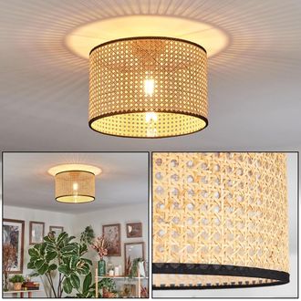 HOFSTEIN Deckenleuchte Ramila, Deckenlampe aus Metall/Rattan/Wienergeflecht in Schwarz/Naturfarben, Leuchte im modernen Boho-Design (Ø 35 cm), E27, Esszimmer, 