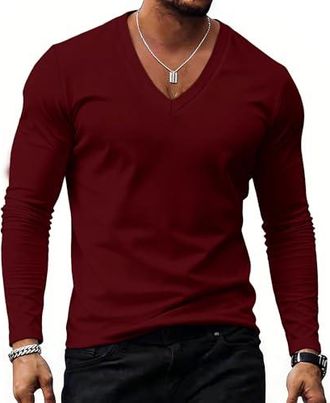 Generic T-shirt &agrave; manches longues pour homme - Col en V - Manches longues - Respirant - Coupe ajust&eacute;e - Couleur unie - Stretch, Bordeaux (01), XXL