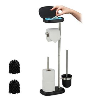 Relaxdays WC Garnitur, HxBxT: 69 x 31 x 16 cm, stehender Klopapierhalter, Klob&uuml;rste, Ersatzrollenhalter, Ablage, schwarz