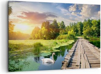 Arttor Bilder auf Leinwand 100x70cm Leinwandbild Architektur Promenade Schwan Landschaft Groß Wanddeko Bild Schlafzimmer Deko Wandbilder Dekoration Wohnzimme