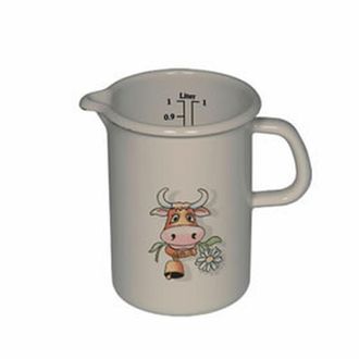 Riess 0338-084, K&uuml;chenma&szlig; 10 1,00 L, COUNTRY - ALMLIESEL, Durchmessser 10 cm, H&ouml;he 14,8 cm, Inhalt 1,0 Liter, Emaille, wei&szlig; mit Kuh, Induktion