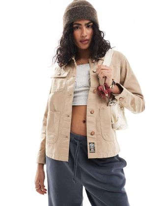 Superdry Bestickte Chore-Jacke in Canyon-Beige-Gr&uuml;n