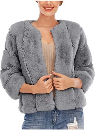 Generic Vestes pour femmes, manteau solide, grande taille, court, fausse fourrure, tendance, manches longues et v&ecirc;tements dext&eacute;rieur doux 2026, gris, M