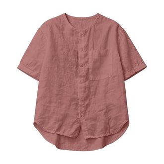 Generic Chemisier d&eacute;contract&eacute; &agrave; manches courtes et col rond en coton et lin pour femme, rose, 3XL