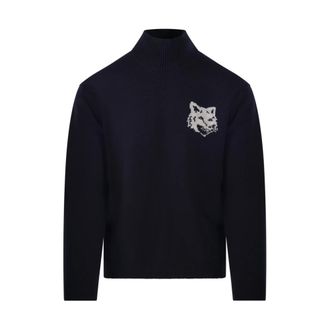 Maison Kitsun&eacute; Pull &agrave; col montant en laine m&eacute;rinos avec motif Fox Head - Homme - Pulls - Bleu - Taille: L