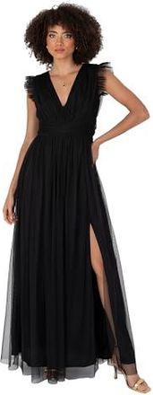 Anaya with Love Womens Maxi Dress Ladies V-Neck Short Sleeve Split Tulle A-Line for Wedding Guest Bridesmaid Evening Occasion Ball Gown, Noir 34