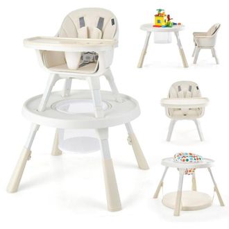 Costway 6-in-1 Babyhochstuhl h&ouml;henverstellbar, mit Sicherheitsgurt, Doppeltablett & Aufbewahrungsbeh&auml;lter, f&uuml;r Kleinkinder Beige - Costway