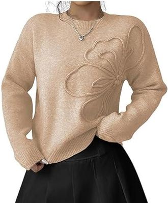 Generic Pull floral d&eacute;contract&eacute; &agrave; col rond et manches longues pour femme, haut dhiver en tricot confortable, kaki, XL