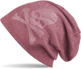 styleBREAKER Klassische Beanie Mütze mit Totenkopf Strass Applikation, Unisex 04024034, Farbe:Bordeaux-Rot meliert, Materialart:warm