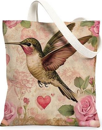 Generic Sac fourre-tout en toile motif colibri pour le shopping 33 x 38 cm, sac &agrave; bandouli&egrave;re r&eacute;utilisable pour femme, peinture romantique, d&eacute;coration cadeau