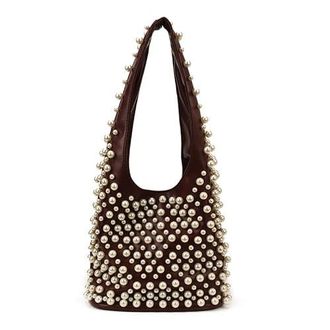 Generic Sac &agrave; main en cuir synth&eacute;tique avec rivets pour femme et fille, sac fourre-tout &agrave; perles pour voyage, shopping, travail, usage quotidien, rouge vin, 8