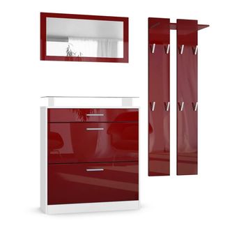 Vladon Garderobe Loret mini, Garderobenset bestehend aus 1 Schuhschrank, 1 Wandspiegel und 2 Garderobenpaneele, Wei&szlig; matt/Bordeaux Hochglanz