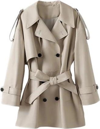Generic Veste en cuir v&eacute;ritable pour femme - Automne Hiver Peau de Mouton Double Boutonnage Ceinture Trench Coat D&eacute;contract&eacute; Mi-long, EN8, S