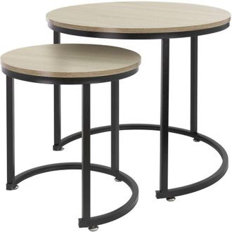 ML Design Ml-design - Beistelltisch 2er Set rund &Oslash;40x44cm/&Oslash;60x52cm, Sonoma-Eiche MDF-Platte, Schwarze Metallrahmen, Couchtisch-Set, Satztische in 2 Gr&ouml;&szlig;en, 2