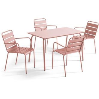 Oviala Ensemble table de jardin et 4 fauteuils en m&eacute;tal rose poudr&eacute; - Palavas