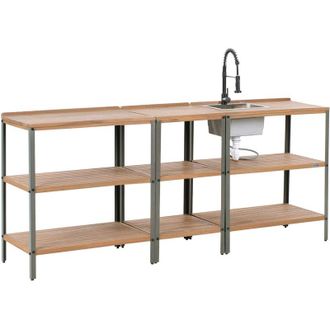 Beliani Outdoor-K&uuml;che 3er Set mit Sp&uuml;le IVREA zertifiziertes Akazienholz Braun / Schwarz