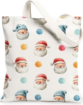 Generic Sacs fourre-tout en toile motif P&egrave;re No&euml;l, sacs de courses r&eacute;utilisables, l&eacute;gers et lavables avec bandouli&egrave;re en toile pour G, Blanc, 13x15 Inch