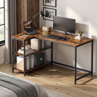 Vasagle Bureau en L, &Eacute;tag&egrave;res R&eacute;glables avec Rangement, 120 x 80 cm, Marron