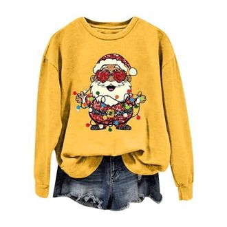 Generic Sweat-shirt de Noël pour femme avec imprimé Père Noël amusant à paillettes - Tenue de fête de Noël étincelante à manches longues - Pull graphique fant