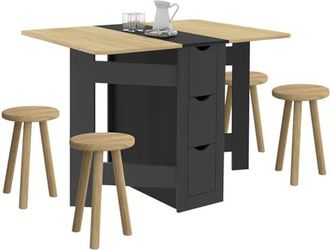 IDMarket Table Console Pliable EDI 2-4 Personnes avec 3 tiroirs Noirs Plateau fa&ccedil;on h&ecirc;tre 103 x 76 cm