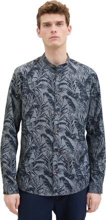 Tom Tailor Herren Regular Fit Leinen Hemd mit Muster, 34725 - Navy Palm Leaf Design, M