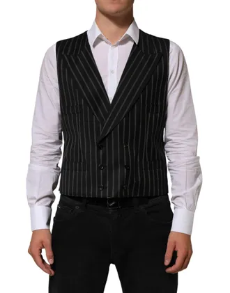 Dolce & Gabbana Black Stripes Wool Dress Men Waistcoat Vest Co+wo