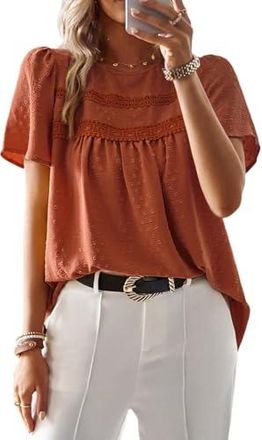 Generic Haut d&eacute;t&eacute; tendance pour femme, d&eacute;contract&eacute;, boh&egrave;me, col rond, manches lanternes, manches courtes en dentelle fluide, marron, XL