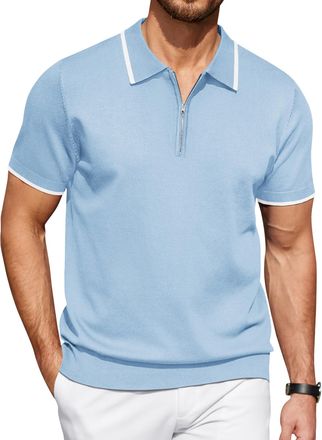 Coofandy Herren-Poloshirt mit Rei&szlig;verschluss, l&auml;ssig, gestrickt, kurz&auml;rmelig, Klassische Passform, Hell, blau, XX-Large