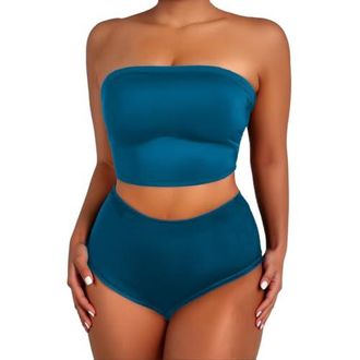 Generic Maillot de bain 2 pi&egrave;ces bandeau taille haute sans bretelles pour femme - Maillot de bain long pour femme - Pour la plage, les vacances, bleu, XXL