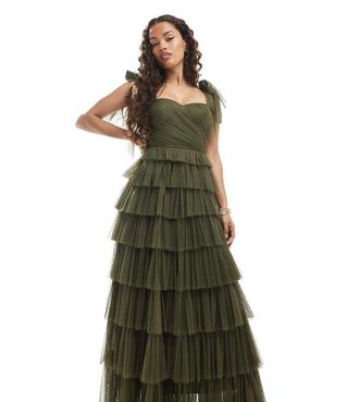 Lace & Beads Petite Robe longue de demoiselle dhonneur en tulle avec bretelles nou&eacute;es - Olive fonc&eacute;-Vert