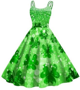 Generic Costume de léprechaun irlandais pour femme avec trèfle porte-bonheur irlandais pour la Saint-Patrick - Vert - Sans manches - Robe de cocktail - Pour f