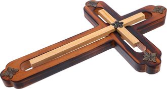 SOLUSTRE NUOBESTY Rustikales Holzkreuz aus Gummibaumholz 335X225X19cm Stehendes und H&auml;ngendes Christliches Wand und Tischkreuz mit St&auml;nder Dekorative Landhaus 