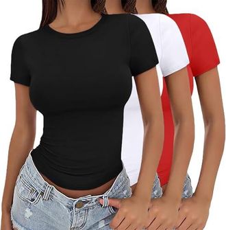 Generic Lot de 3 hauts courts blancs &agrave; manches courtes et col rond pour femme - T-shirts basiques extensibles et ajust&eacute;s - Uni - Tunique d&eacute;t&eacute; d&eacute;contract&eacute;e - C