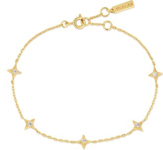 Ania Haie Damen Armband DUSK DIVAS Stars Station aus 925 Sterling Silber 14k vergoldet, besetzt mit 5 Zirkonia, Länge: 16,5 cm + 2 cm Verlängerung, inkl. Gesche