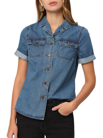 Allegra K Damen Jeanshemd Bluse Kurzarm V-Ausschnitt Knopfleiste Brusttasche Denim Oberteil Shirt Blau M
