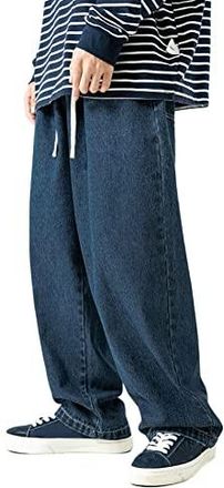 ORANDESIGNE Baggy Jeans pour Hommes Jeans Ample Basique Décontracté Mode Harajuku Skateboard Jeans Large à Taille élastique Garçon Denim Pantalon Droit avec Cordo