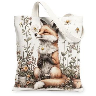 Generic Sac fourre-tout en toile motif renard printanier pour faire du shopping, 33 x 38,1 cm, sac d&eacute;picerie r&eacute;utilisable pour femme, ferme, fleurs sauvages, 
