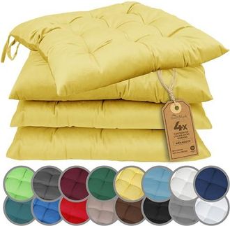 NatureMark Lot de 4 Galettes de Chaises avec Rubans 40x40 cm - Coussin de Chaise Épais pour Intérieur & Jardin - Couleur Jaune