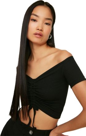 Trendyol Damen Black Shirred Knitted Blouse, Schwarz, L EU
