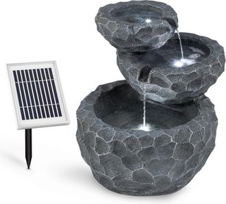 Blumfeldt Murach Gartenbrunnen Kaskadenbrunnen Zimmerbrunnen (Akkubetrieb, 2 Watt Solarpanel, 3 LEDs zur Beleuchtung) grau