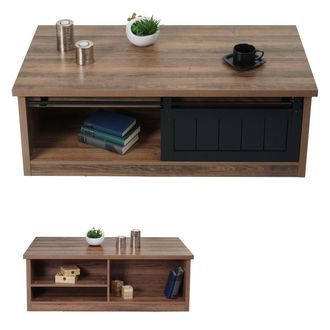 Mendler Couchtisch HWC-K75, Beistelltisch Wohnzimmertisch, Schiebet&uuml;re 6 Stauf&auml;cher, Holz-Optik Metall 44x120x60cm - braun