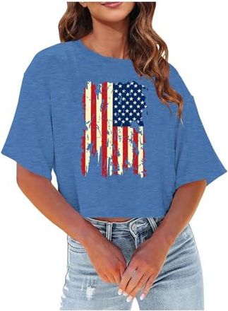 Generic Haut court d&eacute;t&eacute; &agrave; manches courtes pour femme - Coupe ample - Style athl&eacute;tique - D&eacute;contract&eacute; - Demi-chemises tendance et &eacute;l&eacute;gantes - Pour sortir, bleu,