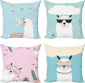 Abakuhaus Lama Dekokissen Kissenbezug 4er Pack, Lustiger Hipster Alpaka Cartoon Modern Accent Doppelseitiger Digitaldruck, 45 cm x 45 cm, Zartrosa Blassblau